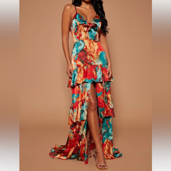 Fashion Nova | Dresses | Nwt Fashion Nova Ruffle Maxi Dress Printed Multicolor Teal Small | Poshmark